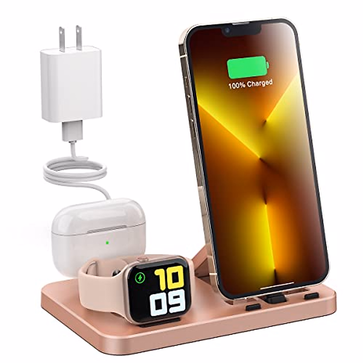 MODOCH 3 in 1 Charging Station for Apple Multiple Devices, Foldable and Portable Travel Charging Dock Compatible with iPhone Airpods Apple Watch Charger Stand with Adapter (Rose Gold)