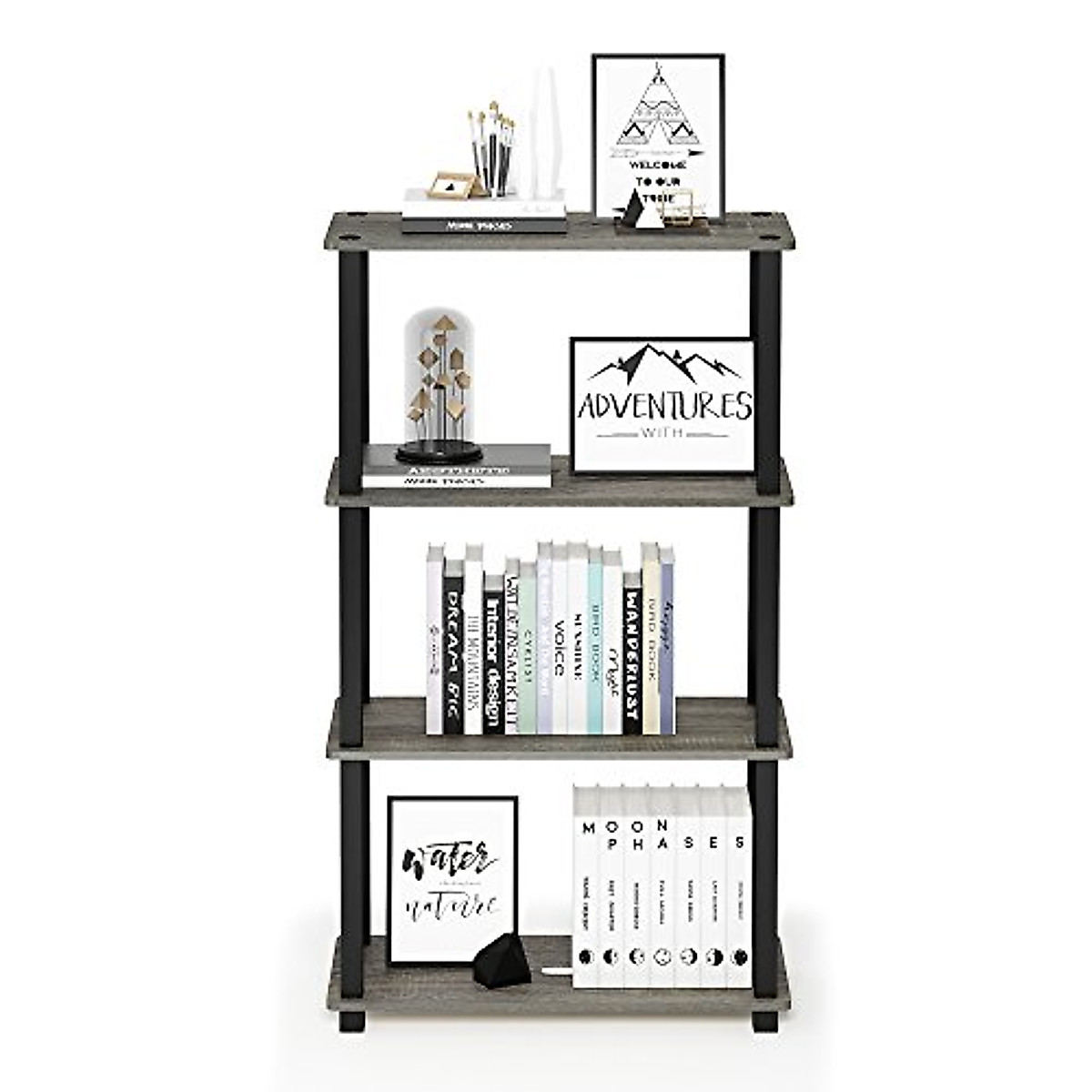 Furinno Turn-N-Tube 4-Tier Multipurpose Shelf Display Rack, Square Tube, French Oak Grey/Black
