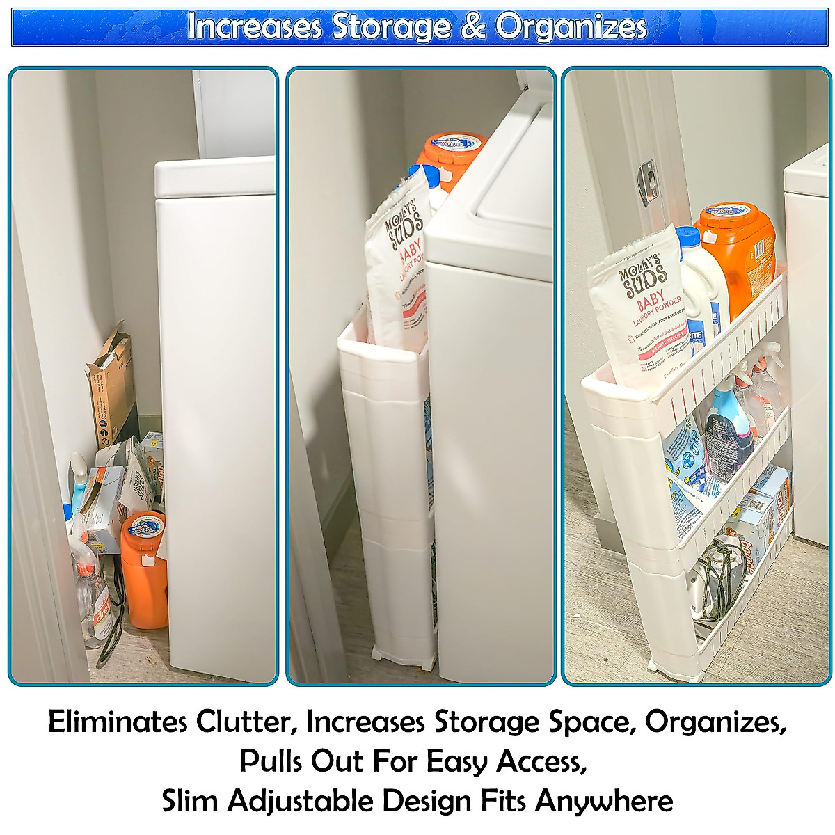 Slim Rolling Storage Cart - Narrow Slide Out Shelving Utility Cart - Mobile Storage for Laundry, Bathroom, Kitchen & Between Washer and Dryer.