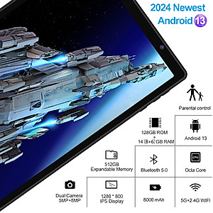 2024 Tablet 10 inch Android 13 Tablets with Octa-Core, 14GB RAM 128GB ROM, 8000mAh Battery, Drop-Proof Case, TF 512GB, HD IPS Touchscreen, 5G/2.4G WiFi, Bluetooth 5.0, GPS, Split Screen Support -Black