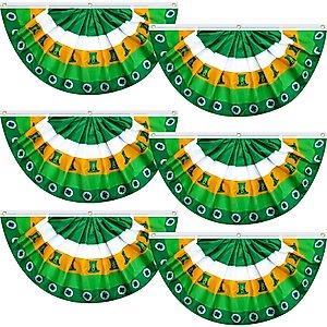 6 Pieces 1.5 x 3 Ft Ireland Flag St. Patrick Day Flag Shamrock Hat Irish Pleated Fan Flag Bunting Patriotic Half Fan Banner Decoration with Grommet for Indoor Outdoor Garden and Home Decorations