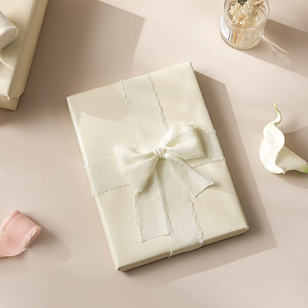 joybest Handmade Chiffon Ribbons for Gift Wrapping, Pink & Cream White Boho Fabric Ribbons for Crafts, Silk Pink Ribbons for Wedding Invitation, Bridal Bouquets, DIY Crafts, Party Decor 1.5’’ x 7Yd