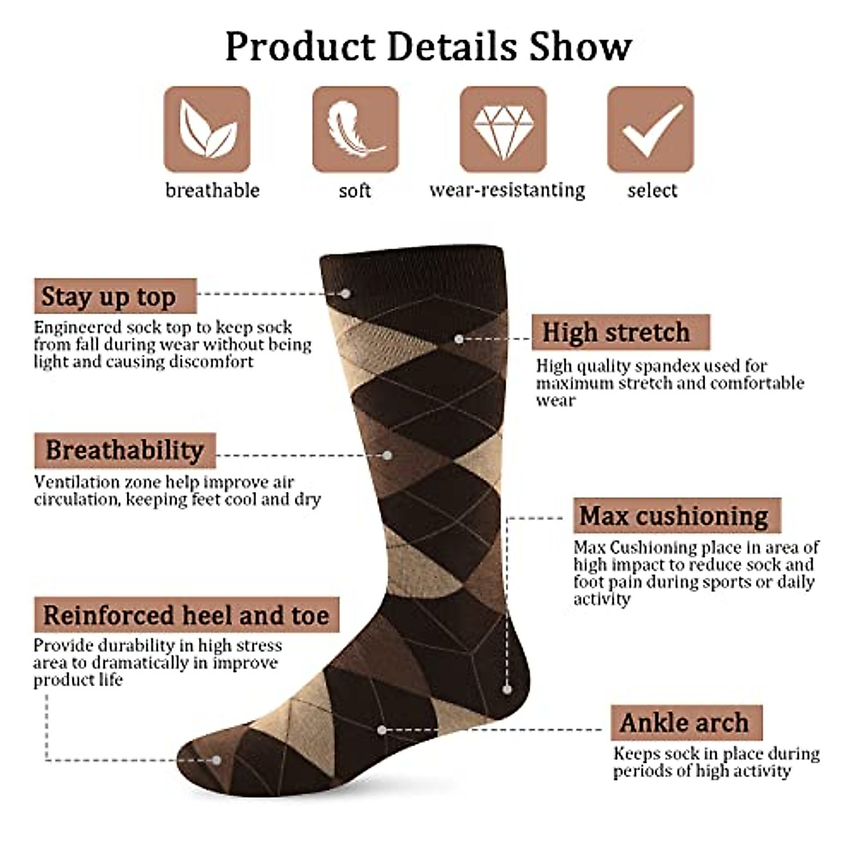 Yousu Mens Dress Socks Business Casual Solid Pattern Cotton Crew Sock 6 Pairs Pattern Brown