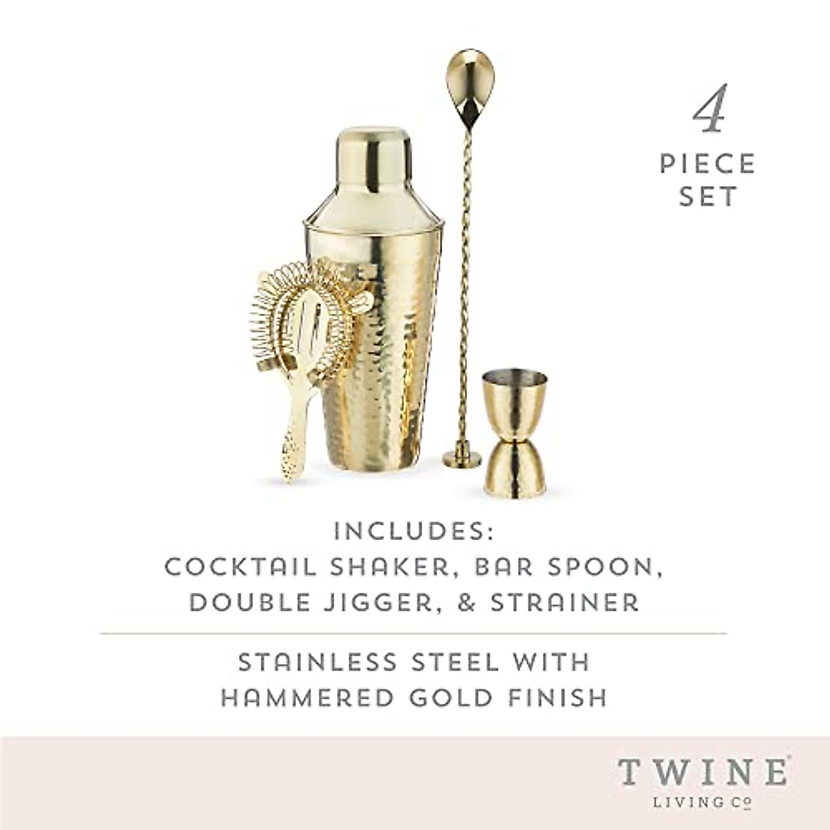 Twine Gold Hammered Barware Set, Stainless Steel Shaker, Jigger, Muddler, Bar Spoon, Hawthorne Strainer, Gold, Set of 4