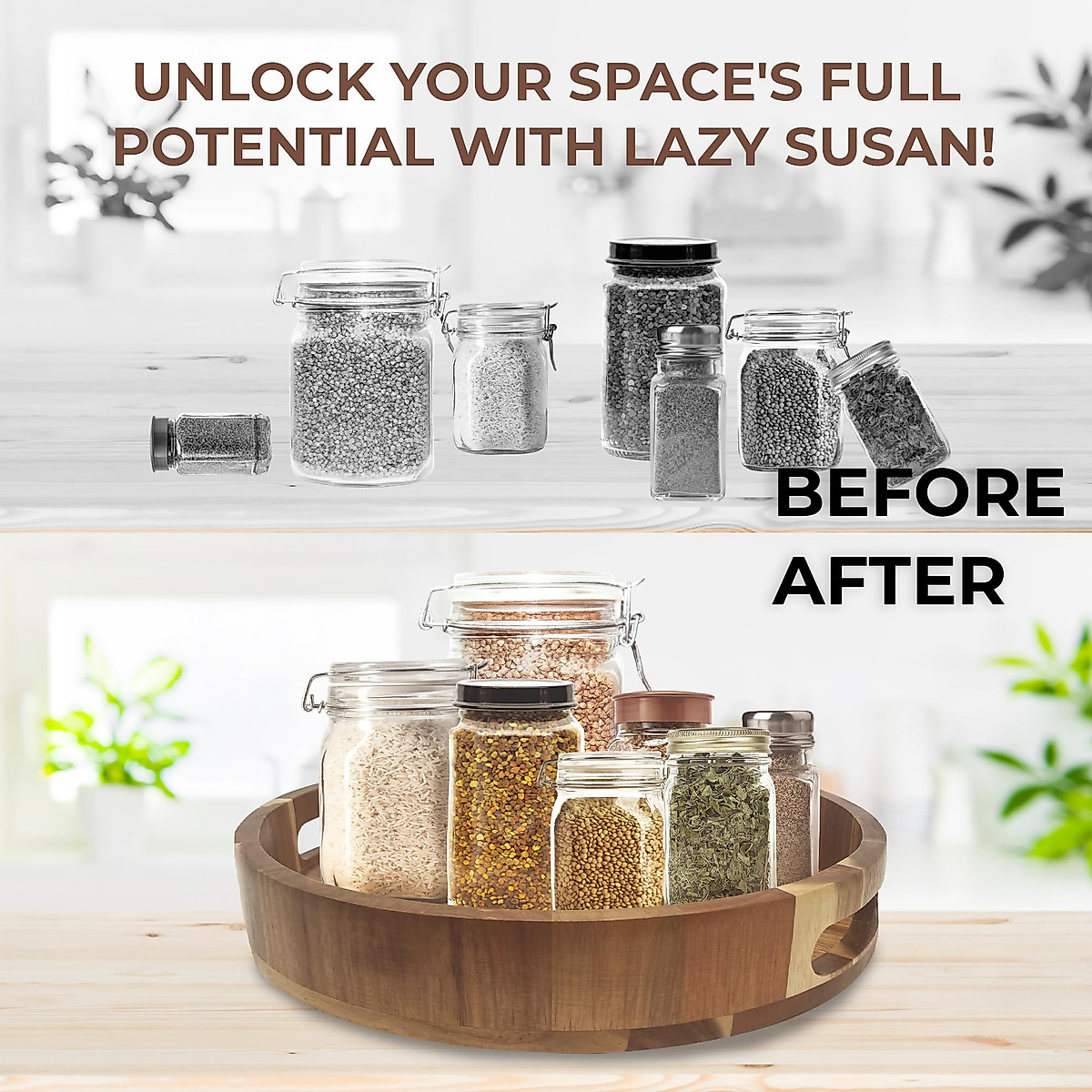 PANDAWOOD 12 Inch Lazy Susan Organizer 100% Acacia Wood - Large Lazy Susan Turntable Organizer for Cabinet, Dining Table, Bathroom, Pantry - Kitchen Cabinet Countertop Organizer - Spice Lazy Susan