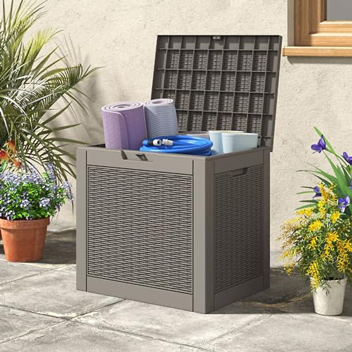 Esmlada Deck Box, 31 Gallon Resin Deck Box Indoor and Outdoor Storage Waterproof Boxes Lockable Lid for Garden Tools, Pool Supplies, Patio Furniture and Cushions, Grey