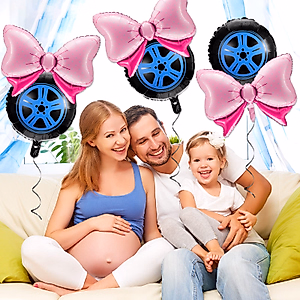 16 Pcs Bow or Burnout Gender Reveal Foil Balloons Set, 18 Inches Wheels Balloon, Bow Balloon, Large Pink Bowtie Foil Balloons for Gender Reveal, Baby Shower Wedding Birthday Party Decoration