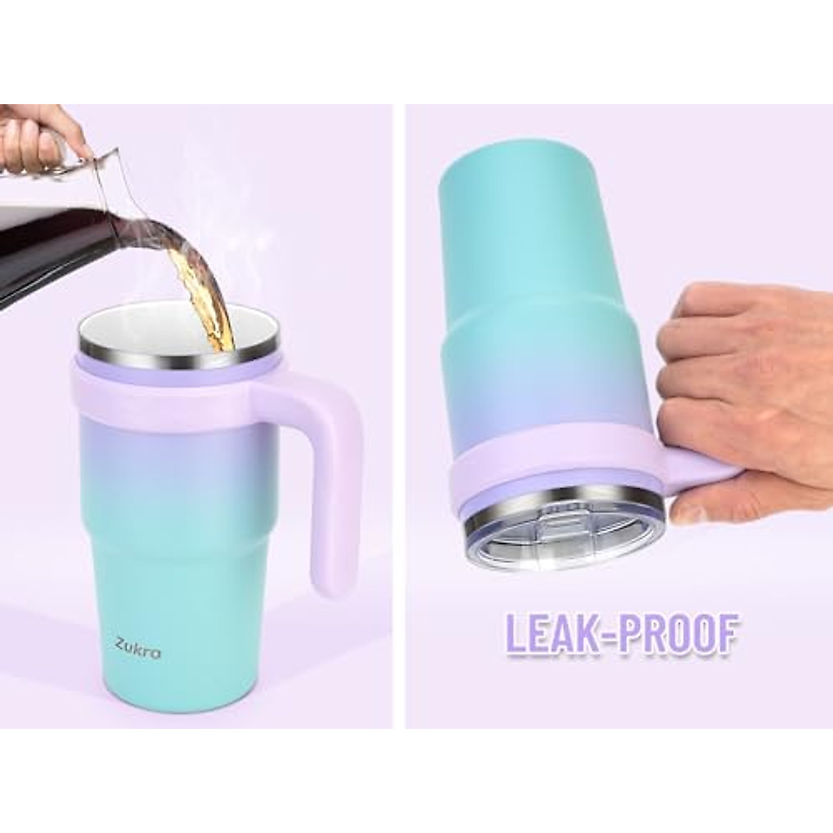 Zukro 20 oz Insulated Tumbler With Handle, Ceramic Interior Coating, No Metallic Aftertaste, Vacuum Stainless Steel Travel Coffee Cup with Lid and Straw, Keep Drinks Hot & Cold, Dishwasher Safe