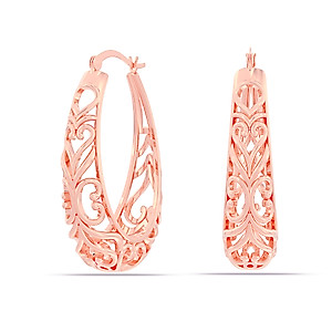 LeCalla 925 Sterling Silver Hoop Earrings Italian 14K Rose-Gold Plated Oval Filigree Hoops Earring Click-Top Lightweight Jewelry for Women - 32MM