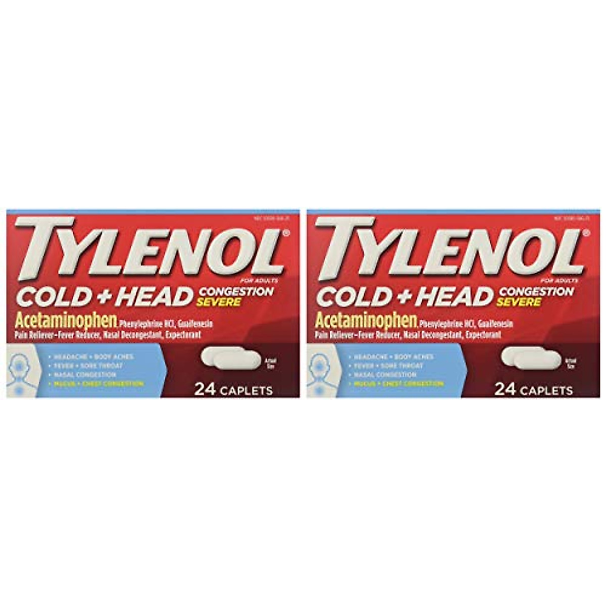 Tylenol Cold + Head Congestion Severe, 24 Caplets (Pack of 2)