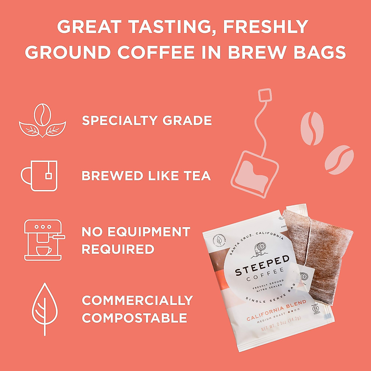 Steeped Coffee Single-Serve Packs - Just + Water - Direct Trade, Hand Roasted & Freshly Ground, Specialty Grade - Nitro Sealed (California Blend (Medium Roast), 8 Count (Pack of 1))