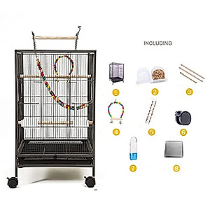 33 Inch Wrought Iron Bird Cage with with Play Open Top and Rolling Stand for Mid-Sized Parrots Cockatiels Sun Parakeets Green Cheek Conures (White)