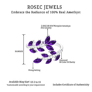 Rosec Jewels 2 CT Real Amethyst and Diamond Leaf Wrap Ring for Women | AAA Quality, 14K White Gold, Size:US 6.50