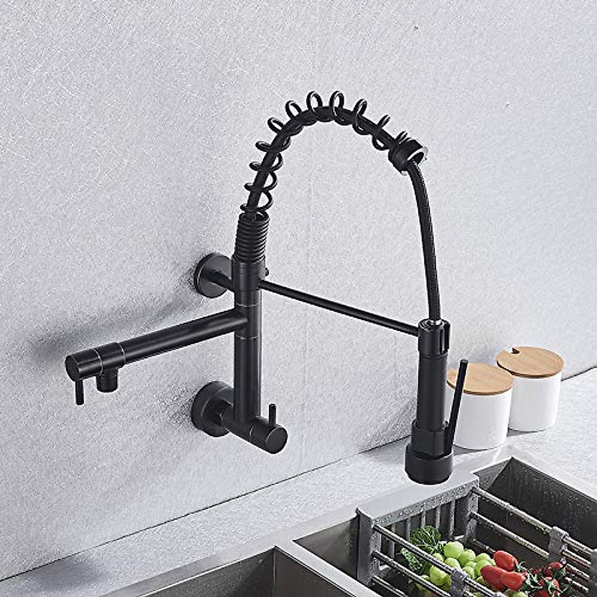 Kitchen Sink Faucet for Bar Farmhouse Commercial, Black/Chrome Brass Kitchen Faucet, Single Cold Water Vessel Sink Tap, Spring Dual Swivel Spouts Bathroom Faucets Wall Mounted Tap (Color : Black)