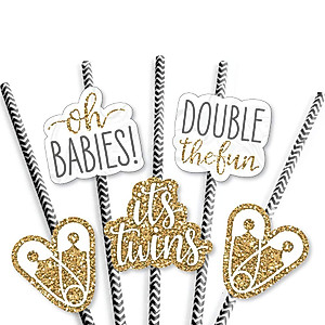 It's Twins - Paper Straw Decor - Gold Twins Baby Shower Striped Decorative Straws - Set of 24