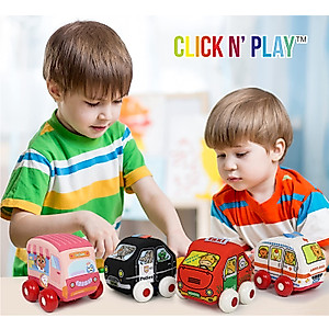 Click N' Play Plush Cars - Set of 4 Soft Cars - Durable Stuffed Ambulance, Taxi, Police Car, Ice Cream Truck Toys - Sensory Baby Car Toy Set - Sensory Push Cars for Toddlers, Kids