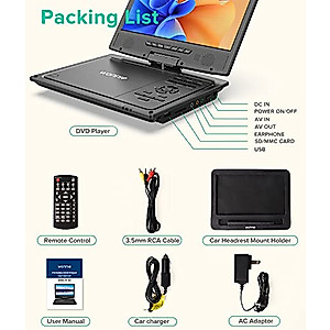 WONNIE 12.5" Portable DVD Player Car Headrest Video Players with 10.5" Swivel Screen, Car Headrest Holder, 5-Hours Rechargeable Battery, Regions Free, Support USB/SD Card/Sync TV