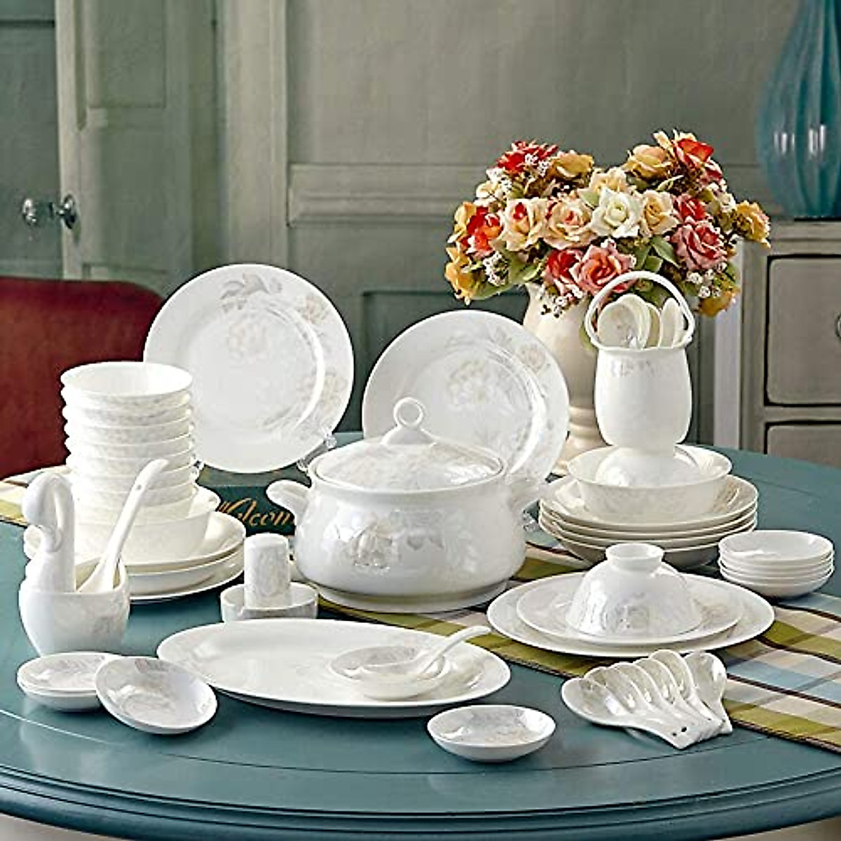 Pottery Tableware,58 Pieces Dinnerware Set, European High-Grade Ceramics Dishes Set, Dinner Plates, Salad Bowls, Dessert Plates, Dishwasher and Microwave Safe, Great Gift