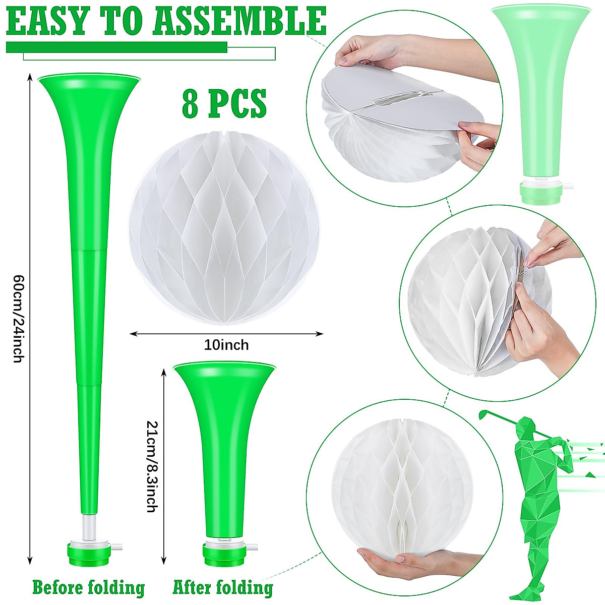 Blueweenly 8 Set Golf Table Centerpieces Golf Decorations for Party Include 8 Pcs 10 Inch Paper Honeycomb Balls and 8 Pcs Vuvuzela Plastic Trumpet DIY for Golf Bridal Shower End of Year Banquet
