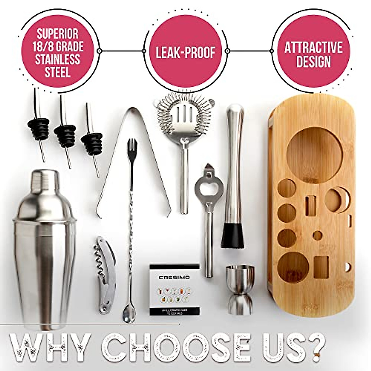 Cocktail Shaker Set: 12-PC Drink Shakers Cocktail with Bamboo Stand - Ultimate Home Bar Kit & Martini Shaker Set - Bar Set, Cocktail Mixer, Bartender Kit, Bar Tools - Cresimo Cocktail Set