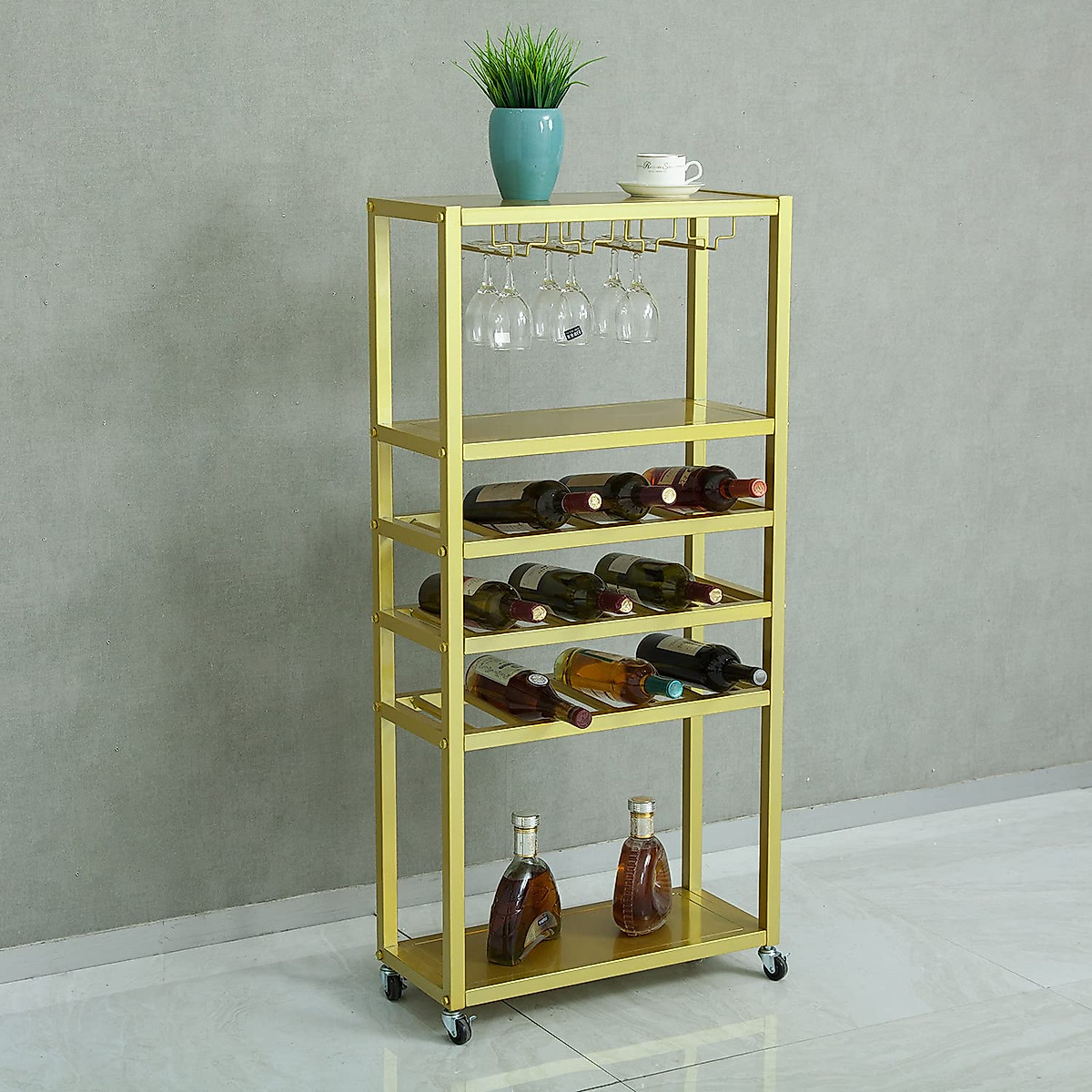 18 Bottles Metal Wine Rack 6-Tier Free Standing Wine Holder with Glass Holder, Heavy Duty Wine Bottle Organizer with Storage Shelf, Display Stand Rack with Wheels, Gold, 23.6''L x 9.8''W x 47.2''H