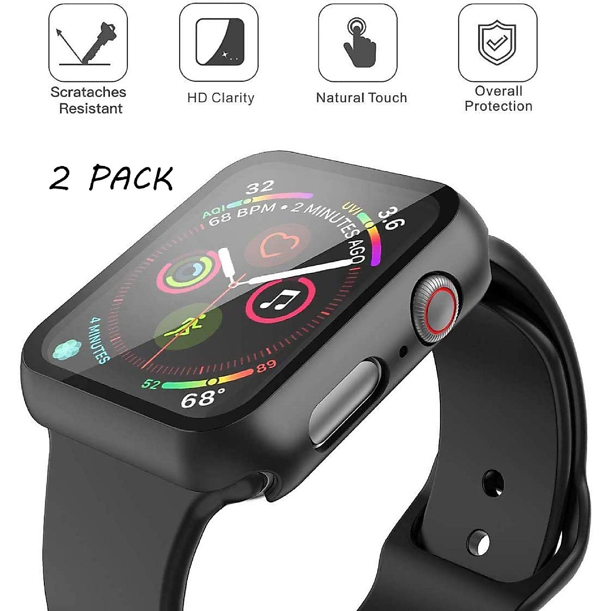 Misxi 2 Pack Hard PC Case with Tempered Glass Screen Protector Compatible with Apple Watch SE Series 6 Series 5 Series 4 40mm - Black