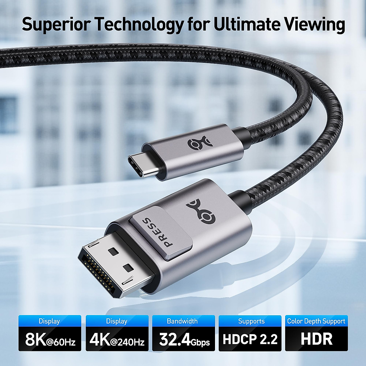 Cable Matters Braided USB C to DisplayPort 1.4 Cable 6ft, Support 4K@240Hz / 8K@60Hz (USB-C to DisplayPort, USB C to DP) in Gray - Thunderbolt 4 /USB 4 Compatible with MacBook, XPS