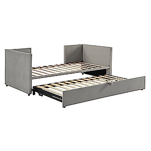 DEINPPA Twin Extendable Platform Bed, Upholstered Transitional Daybed with Trundle, Twin Size to King Size Bed, No Box Spring Needed-Grey