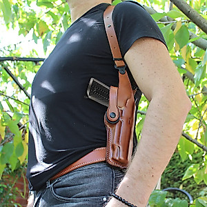 Premium Leather Vertical Shoulder Holster System with Double Magazine Carrier Fits Standart 1911 5'' BBL Colt, Kimber, para, Springfieldd, R/H Draw Brown Color
