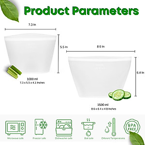 Silicone Bags Reusable Storage 2 Pcs Set -Reusable Sandwich Bags - Silicone Bags for Food Storage - Silicone Food Storage Bags - Reusable Freezer Bags - Snack Bag 1000ml (50 oz) & 1500ml (34 oz) Clear