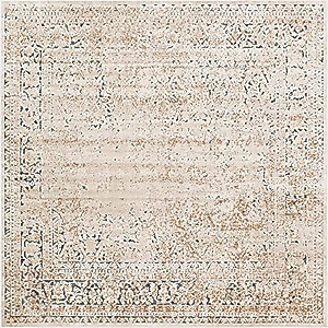 Unique Loom Chateau Collection Distressed, Textured, Vintage, Border, Rustic, Traditional Area Rug, 7 ft, Beige/Light Brown
