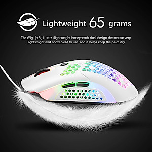 ZIYOU LANG M5 RGB Lightweight Wired Gaming Mouse with 12000 DPI 6 Programmed Buttons,65G Honeycomb Shell,Ultralight Ultraweave Cable,Pixart 3325 Optical Sensor Gamer Mice for Laptop PC Mac(White)