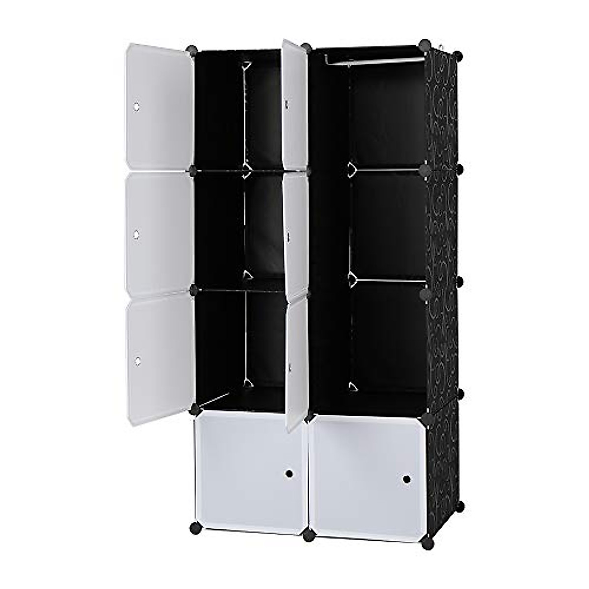 Trlec 8 Cube Organizer Stackable Plastic Cube Storage Shelves Design Multifunctional Modular Closet Cabinet with Hanging Rod White Doors and Black Panels