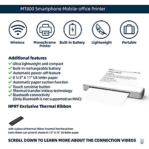 HPRT Wireless Bluetooth Portable Printer for Travel Supports 8.5" X 11" US Letter & A4 Paper, Compatible with Android and iOS Phone No-Ink Technology Suitable for Mobile Office.(MT800Q)