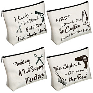 4 Pieces Hairdresser Gift Cosmetology Graduation Gift Hairdresser Cosmetic Bag Hair Stylist Makeup Bag Funny Hair Dresser Gift Travel Case Inspirational Hair Stylist Gift for Women
