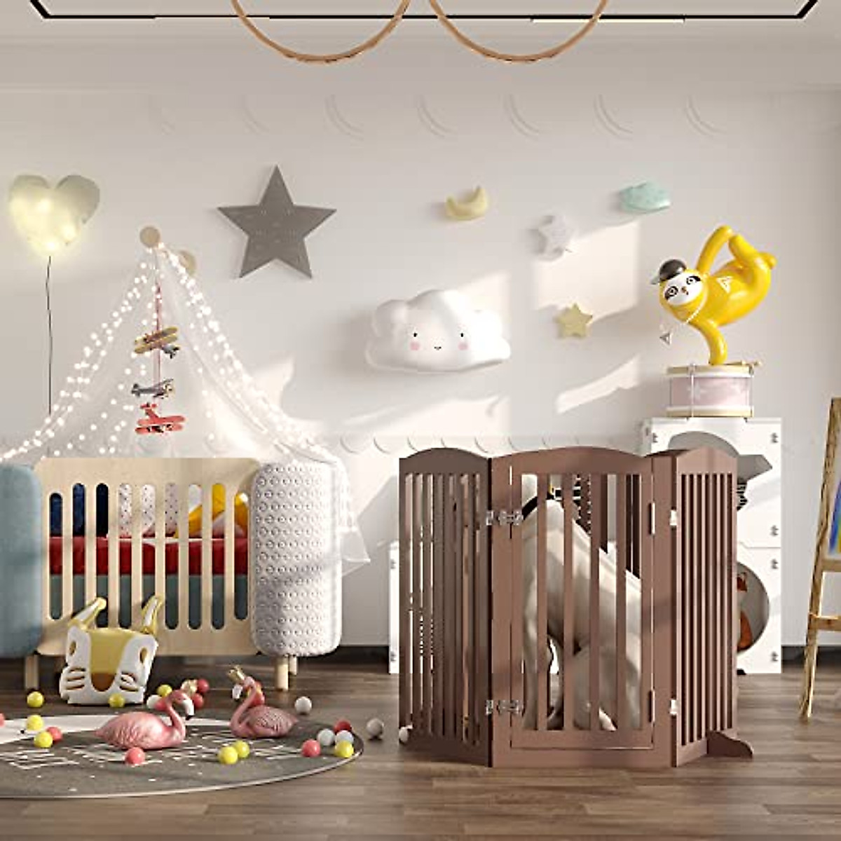 BHG No-Assembly Freestanding Dog Gate with Door, Extended Wide 120" Tall 36" Wooden Pet Gate, Accordion Folding Playpen Fence, 2PCS Support Feet Included, for The House - Espresso