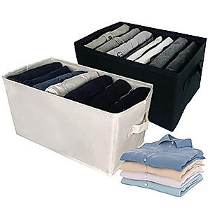 Wardrobe Clothes Organizer for Folded Clothes, Upgrade Closet Organizers With 7 Grids Clothes Folding Storage with Handle Cotton Fabric Closet Storage 2PC (Gray and Beige Cotton Material) (oxford fabric)
