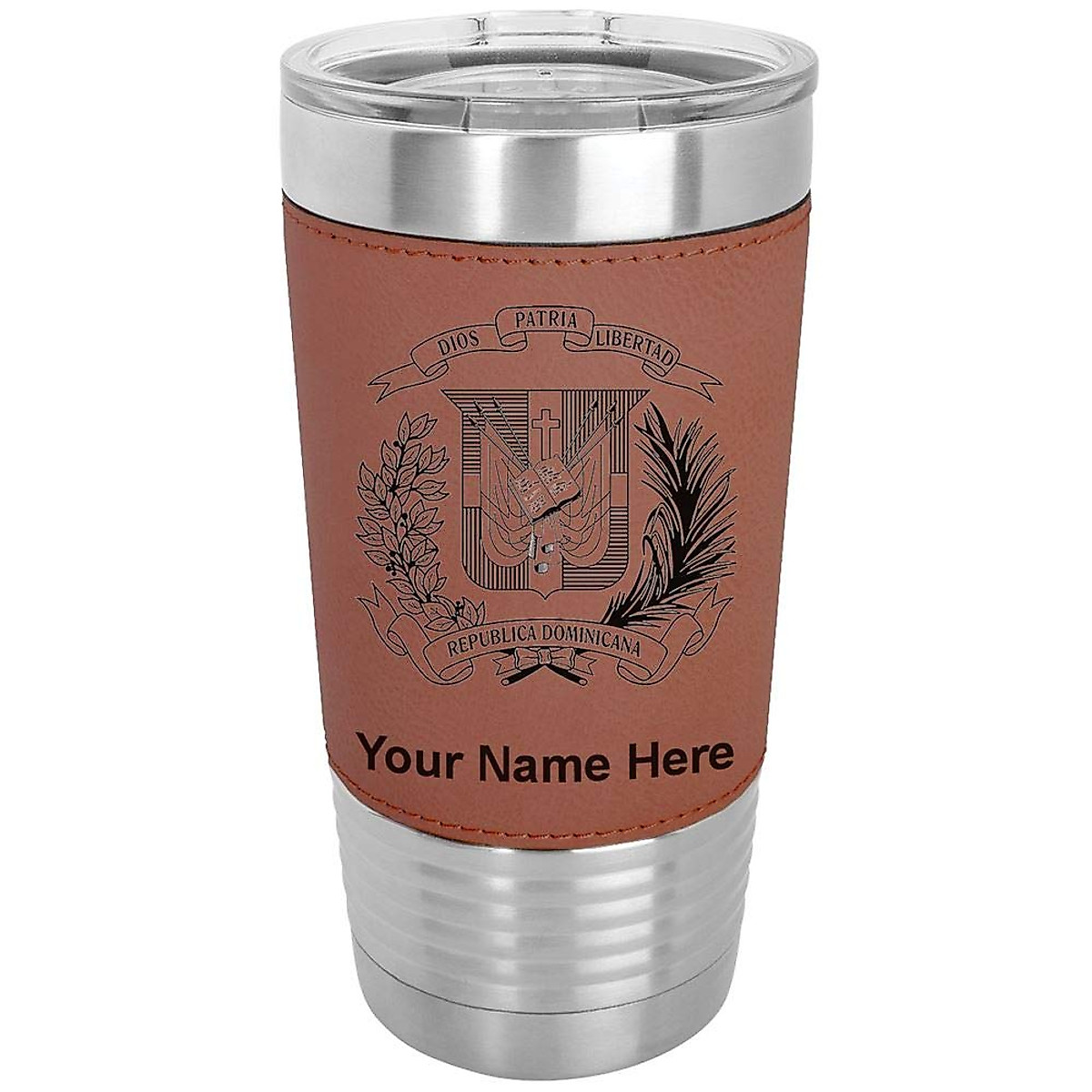 LaserGram 20oz Vacuum Insulated Tumbler Mug, Coat of Arms Dominican Republic, Personalized Engraving Included (Faux Leather, Dark Brown)