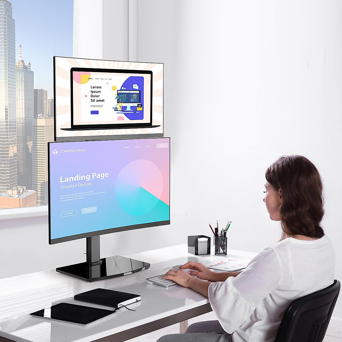 MOUNT PRO Vertical Dual Monitor Stand for 2 Computer Screen up to 32 Inch, Stacked Monitor Mount, Free-Standing Monitor Desk Stand with Swivel, Tilt, Height Adjustable, VESA Stand 100 x 100