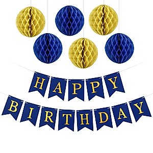 Blue and Yellow Birthday Decor- Navy Blue Happy Birthday Banner Honeycomb Balls for Birthday Party 1st Birthday Party Decorations,Happy Birthday Sign,Blue Birthday Banner