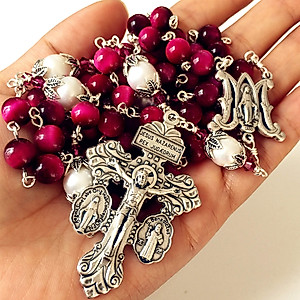 elegantmedical Handmade Red Tiger Eye Beads Sterling Silver 10mm Real Pearl Rosary Cross Necklace Catholic Gift