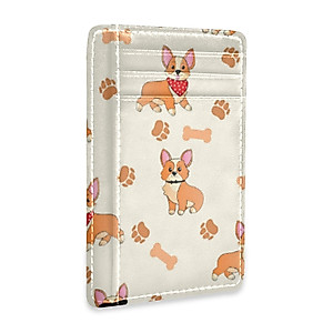 Linomo Thin leather Card Holder and Money Clip Corgi Dog Paws Print Wallet RFID Blocking for Men & Women