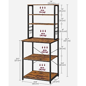 VASAGLE Coffee Bar, Baker’s Rack for Kitchen with Storage, 6-Tier Kitchen Shelves with 6 Hooks, Microwave Stand, Industrial, 15.7 x 23.6 x 65.7 Inches, Rustic Brown and Black UKKS024B01