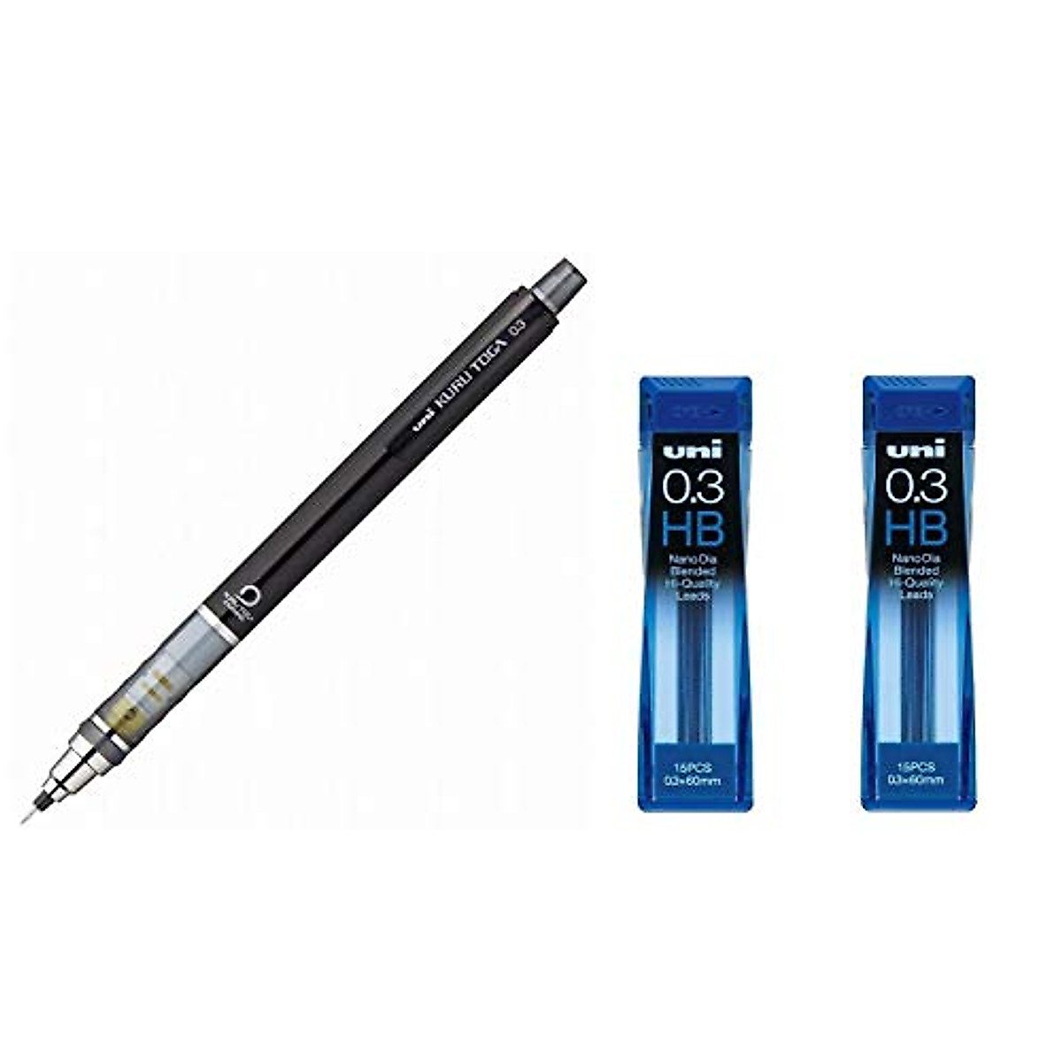 Uni Kurutoga Mechanical Pencil Standard 0.3mm Black (M34501P.24)+ Uni NanoDia Mechanical Pencil 0.3 mm Lead HB x 2 Set