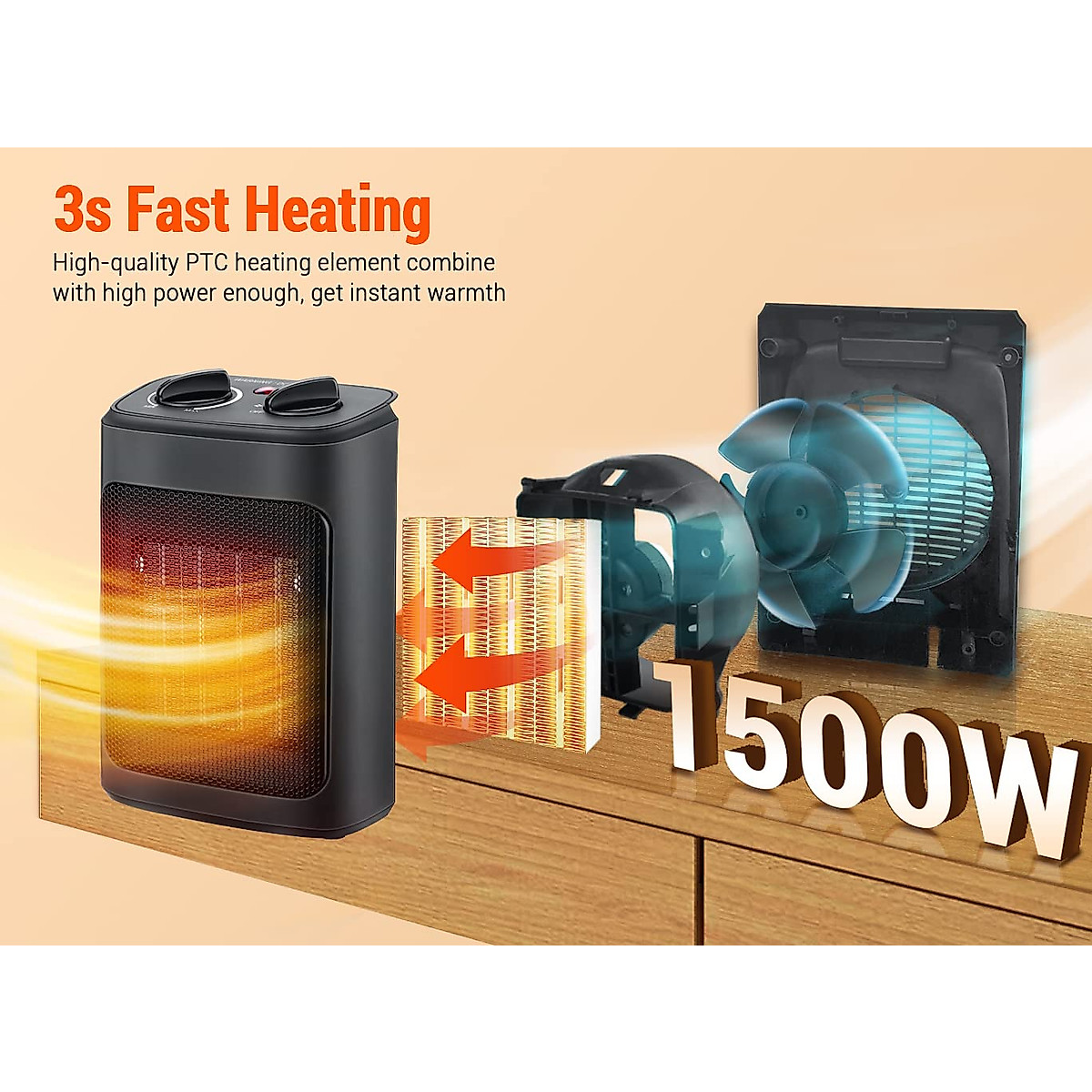 Space Heater, 1500W Heaters for Indoor Use with Thermostat, 1s Fast Heating Portable Electric Heater with 4 Modes, Small Ceramic PTC Room Heater with Tip-Over and Overheat Protection for Home, Office