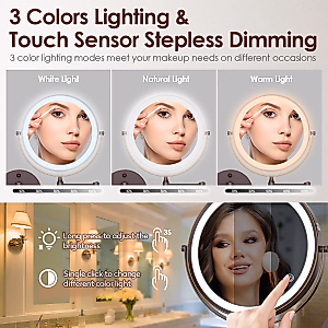 Rocollos Rechargeable Wall Mounted Lighted Makeup Mirror, 8 Inch Double-Sided LED Vanity Mirror 1X/10X Magnification,3 Color Lights Touch Screen Dimmable 360°Swivel 13 Inch Extendable