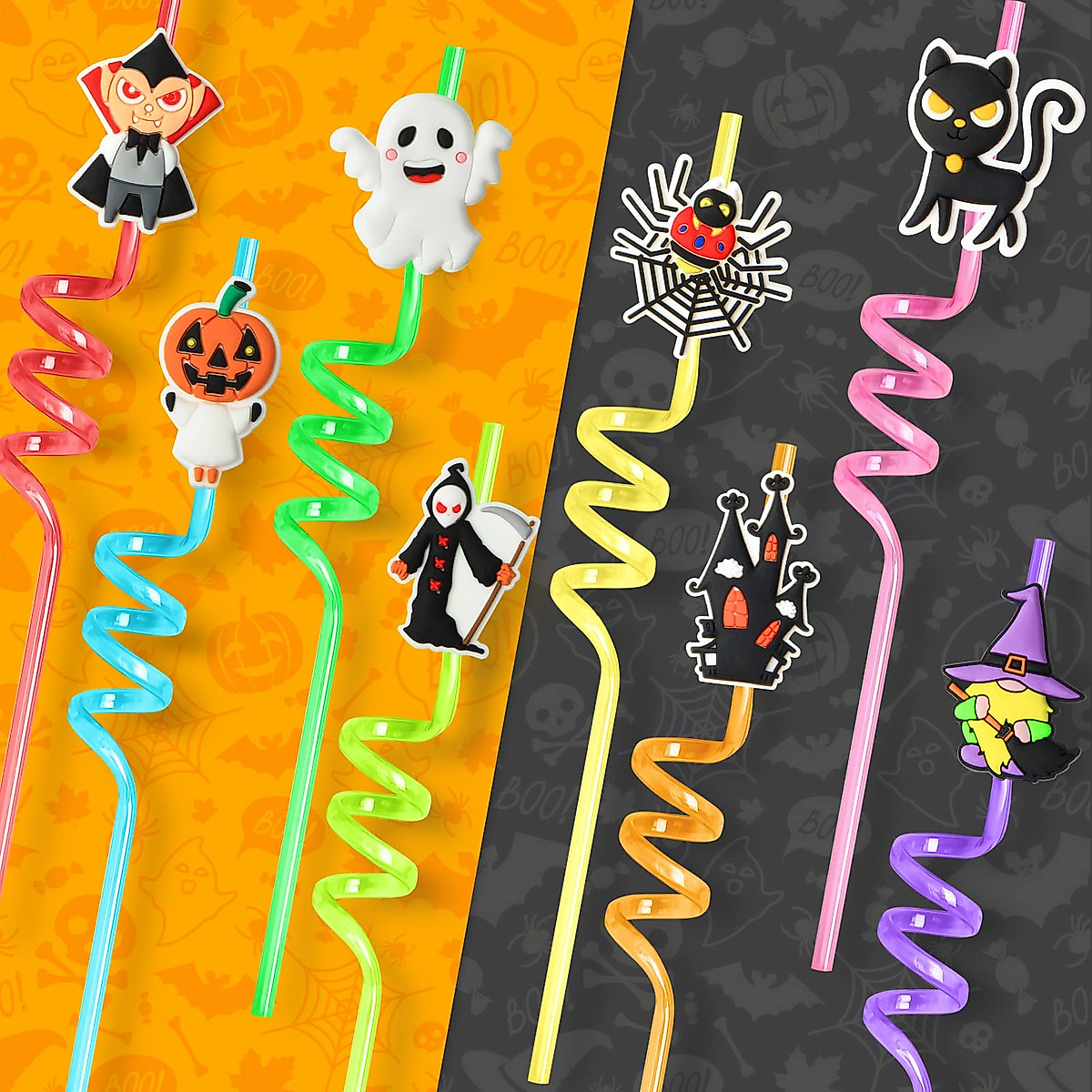 AFZMON 24 PCS Halloween Drinking Straws Reusable Pumpkin Skull Ghost Vampire Witch Plastic Beverages Cocktail Straw with Cartoon Decoration for Kids Halloween Party Supplies for Birthday Party Favors
