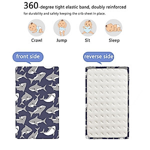 Shark Themed Fitted Crib Sheet,Standard Crib Mattress Fitted Sheet Soft Toddler Mattress Sheet Fitted -Crib Mattress Sheet or Toddler Bed Sheet,52“ x28“,Dark Indigo and Pale Taupe