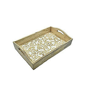 Hand Carved Wooden Breakfast Serving Tray with Handle for Breakfast Tea Snack Dessert | Kitchen Dining Serve-Ware Accessories | 15 x 10 Inches | 2048