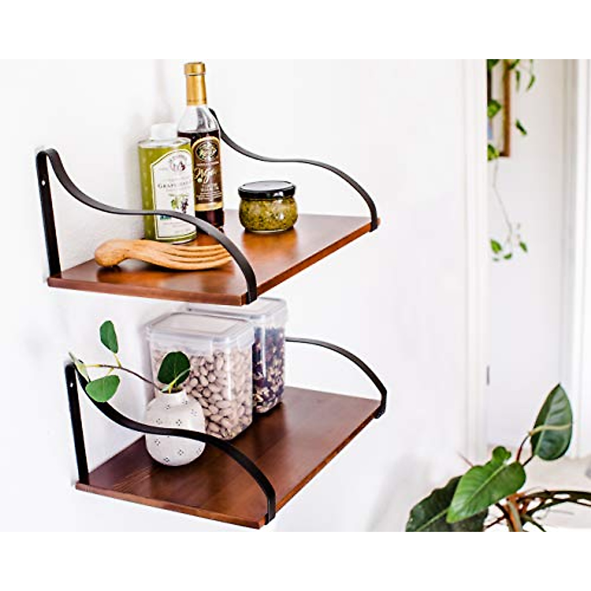 Floating Wall Shelves with Brackets, Solid Wood, Rustic Wall Mounted Large Shelving Storage, for Kitchens, Bathrooms, Bedrooms, Living Rooms, Farmhouse Wall Décor, 17" x 11", Set of 2